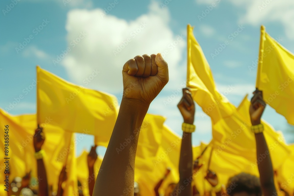 A group of people are holding yellow flags and one person is raising ...