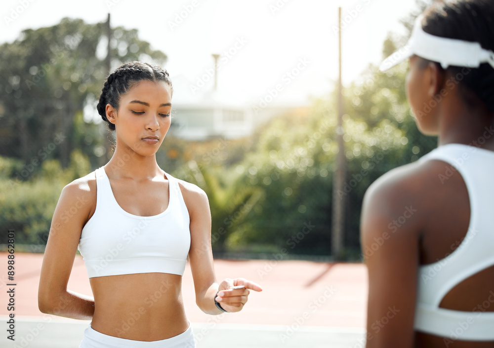 Umpire, sports and coin toss on court for tennis, serve and start game ...