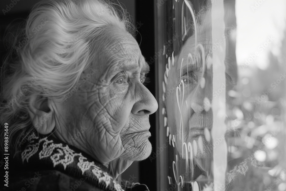 Elderly woman s poignant self reflection gazing sadly at her own ...