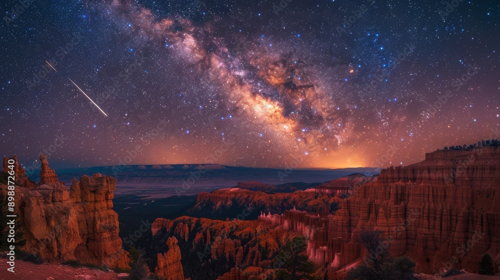 Shooting star streaks across the sky over the rocky cliffs of bryce ...