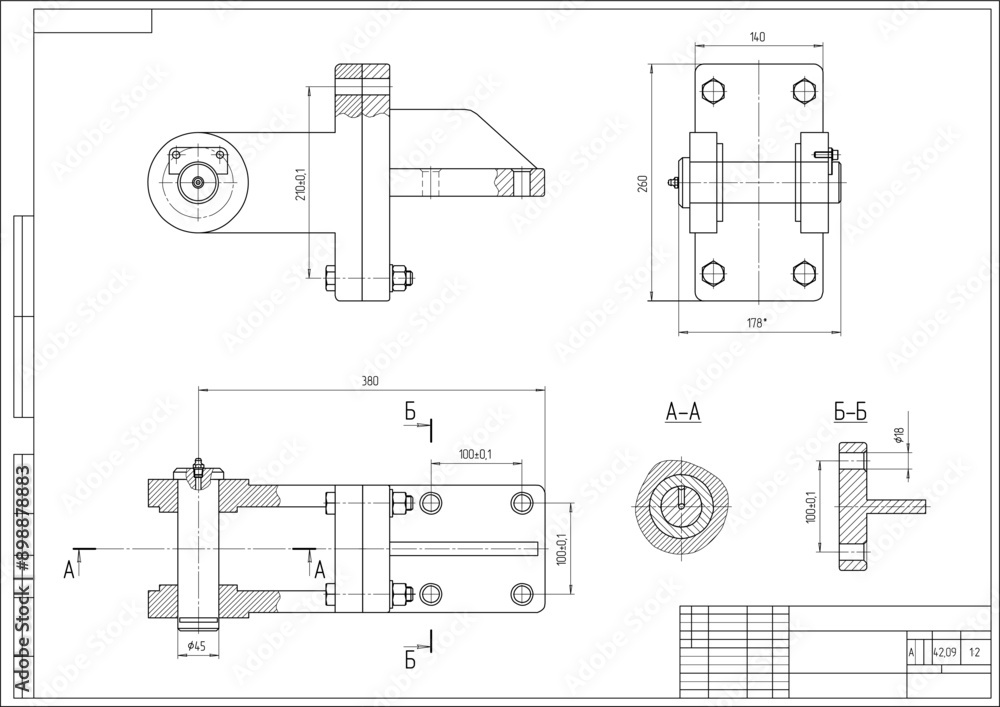 Vector drawing of steel mechanical part with through holes and ...