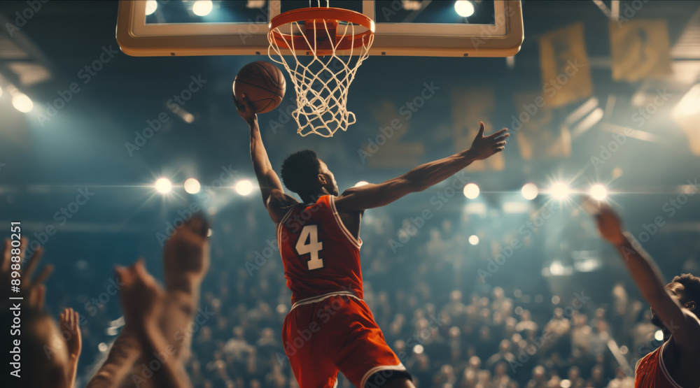African American National Basketball Superstar Player Scoring a Powerful Slam Dunk Goal with ...