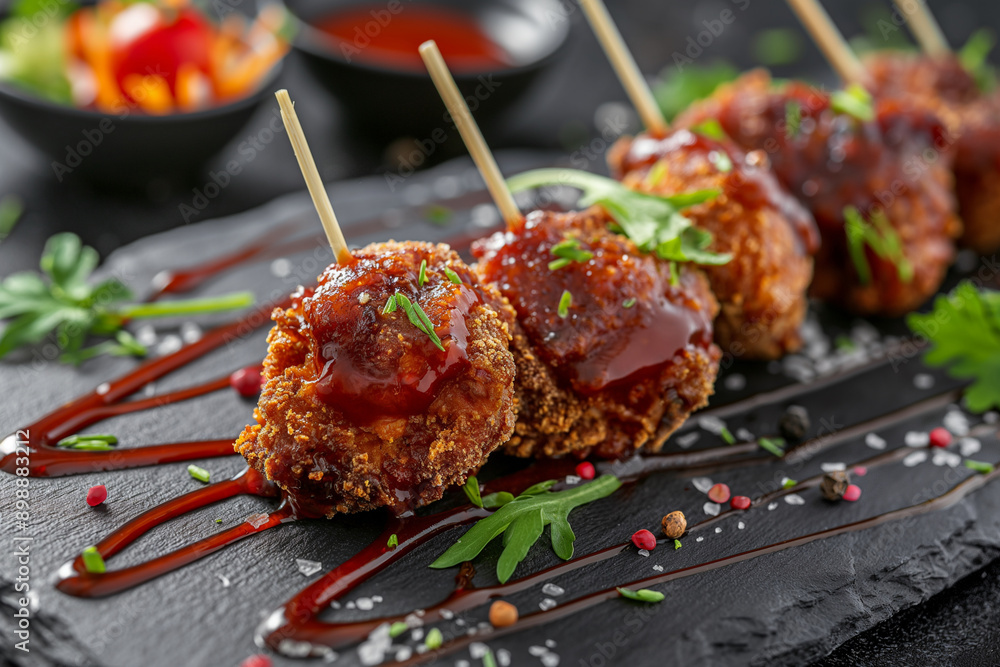 fried crispy chicken meat balls deep fried, dish in oil with sauce ...