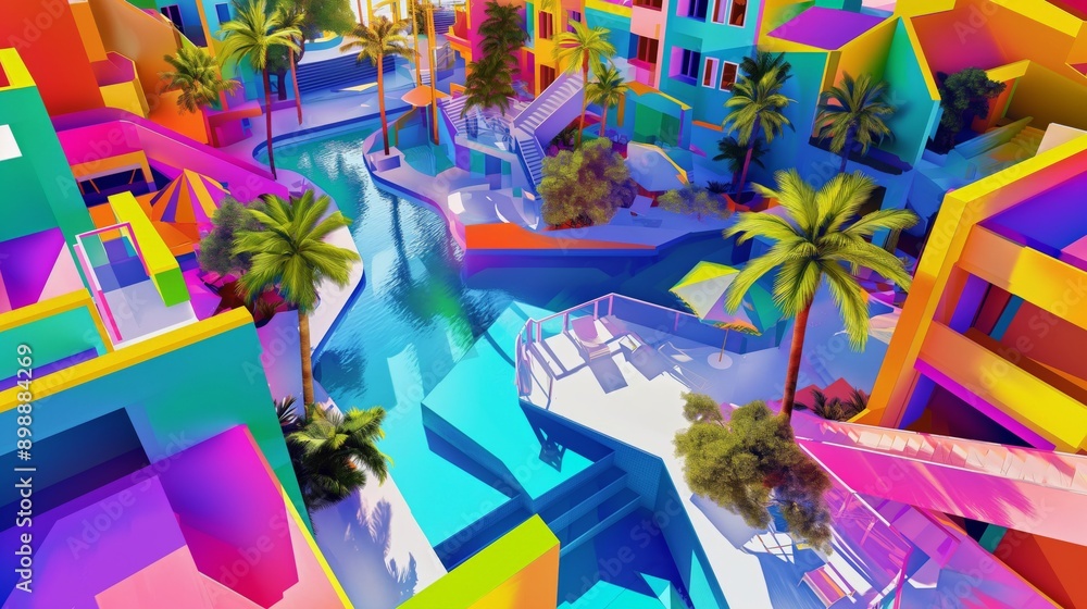 A modern resort illustration with colorful architectural design, palm ...