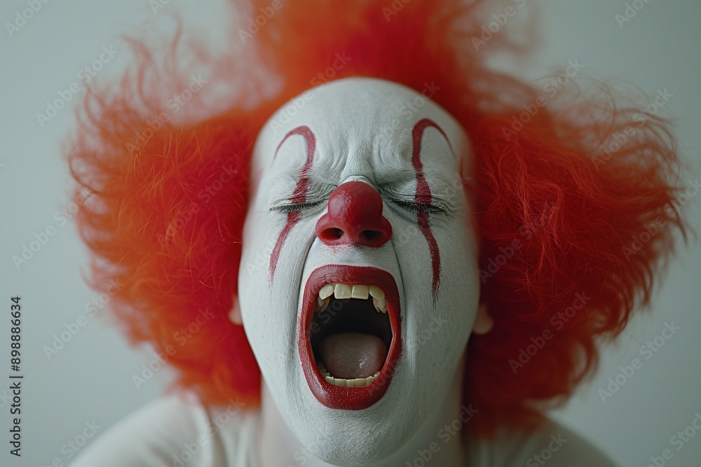 A close-up of a clown in full makeup, expressing horror. The vibrant ...