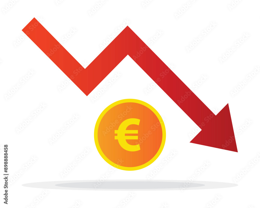 Red arrow going down stock with euro coin icon on white background ...