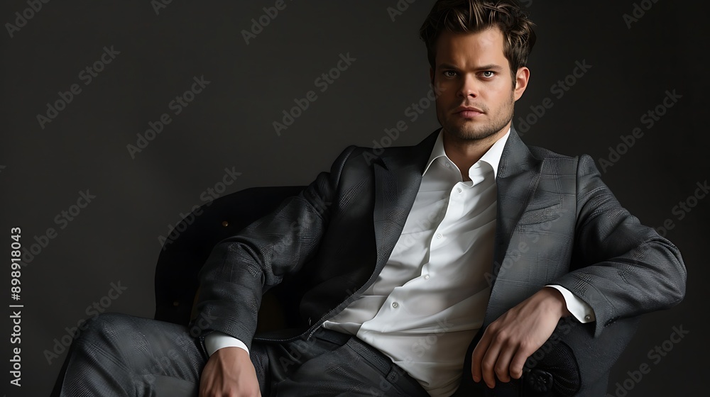 Executive male model in a gray suit and white shirt sitting in an ...