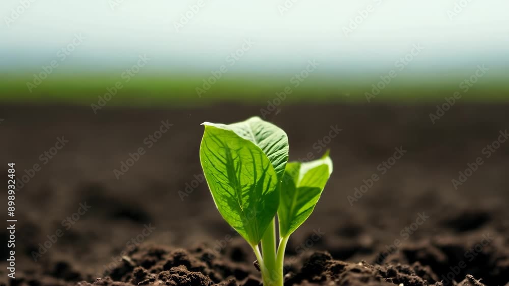 Young green plant sprouting in rich soil captured in slow motion for ...