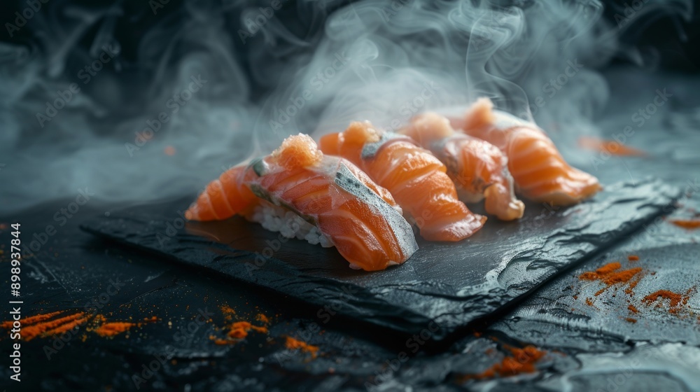 Artistic salmon sushi on dark slate with steam effect, presenting ...