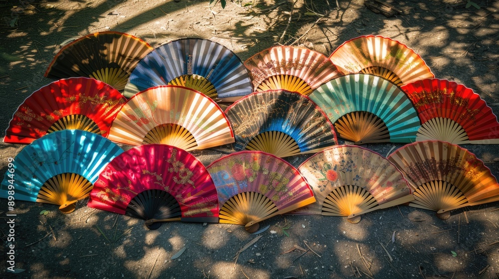 Traditional hand fans in various colors displayed on the ground ...