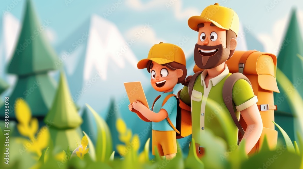 Cartoon style showing a father and son duo hiking with backpacks in a ...