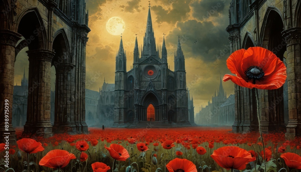 Gothic Cathedral with Poppy Field and Full Moon. Stock Illustration ...