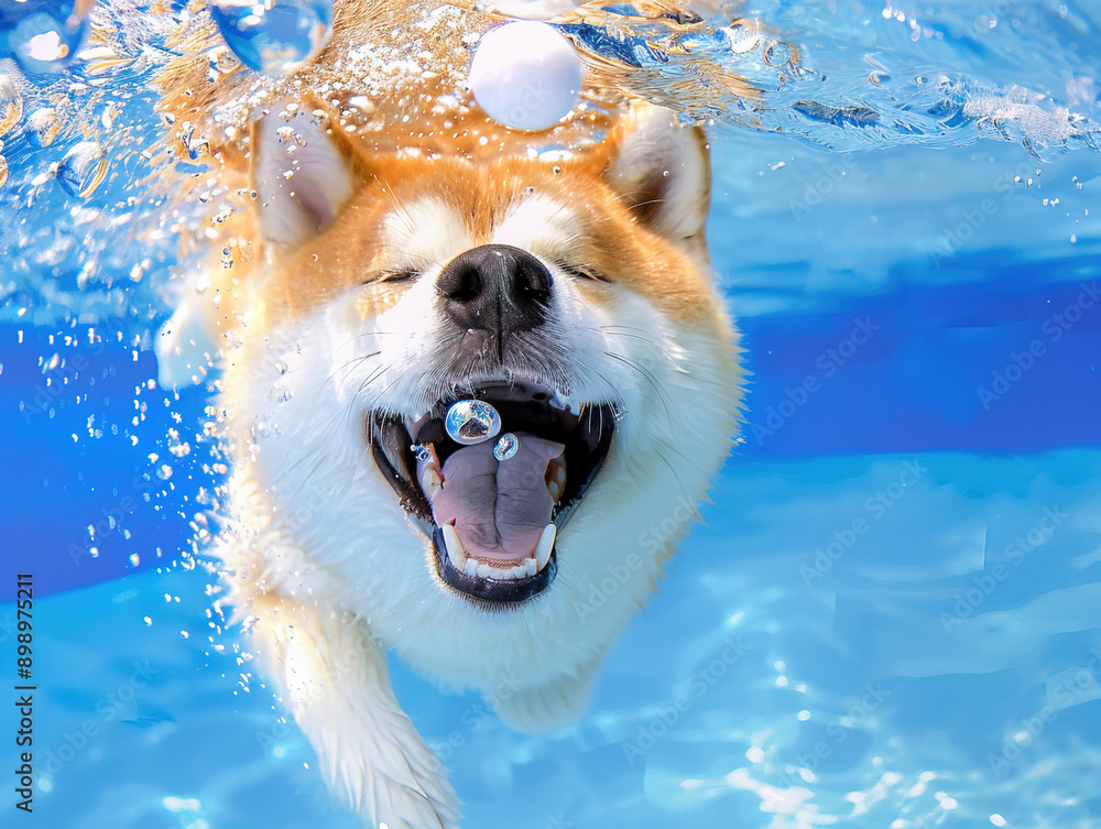 Shiba Dog swimming in pool. A cute Akita swims in the underwater ...