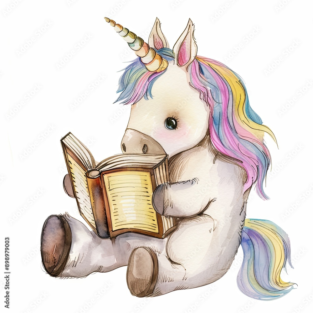 cute unicorn reading a book, full view, Hand drawn, watercolor, white ...
