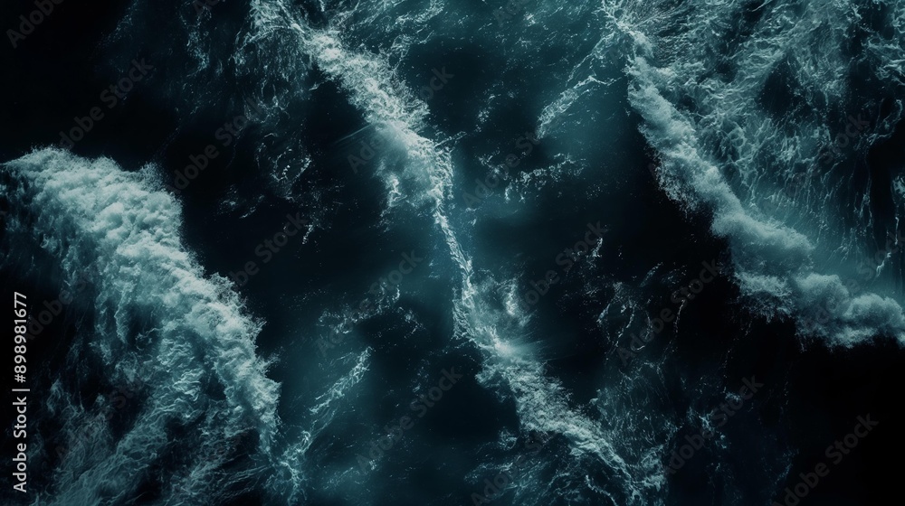 An aerial view of powerful dark blue ocean waves crashing together ...