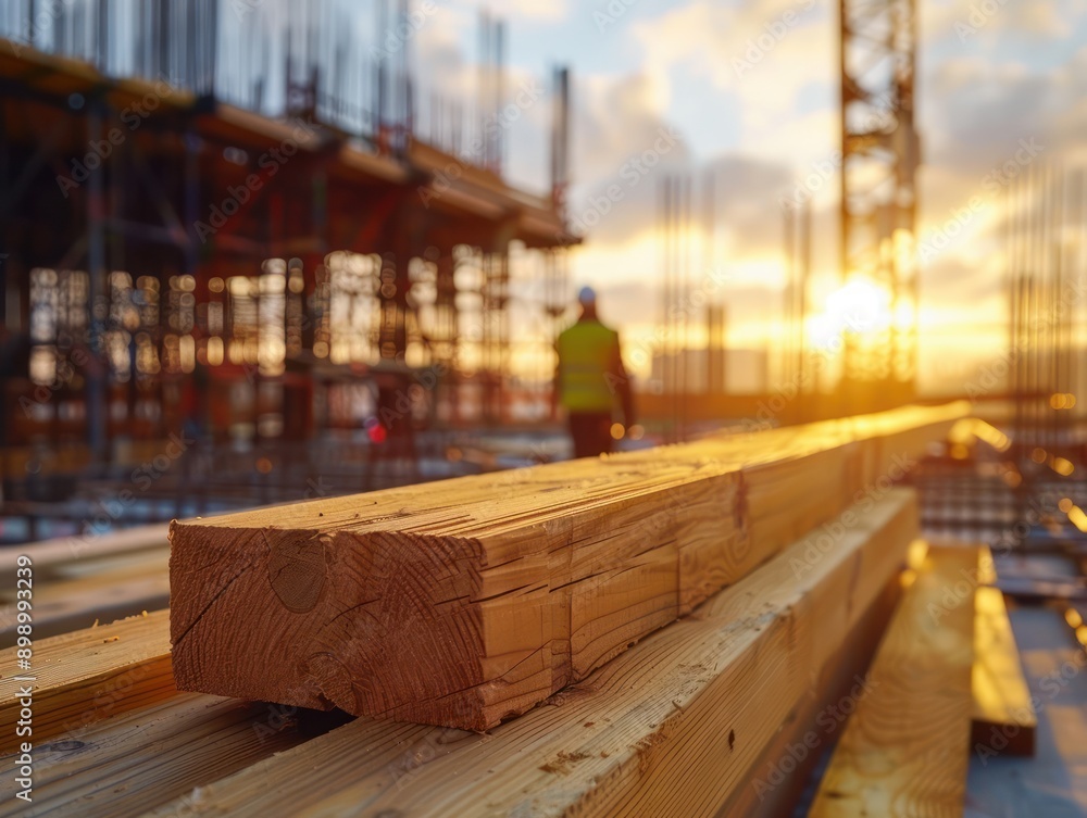 Construction Worker Placing Timber Beams into a Detailed Framework on a ...