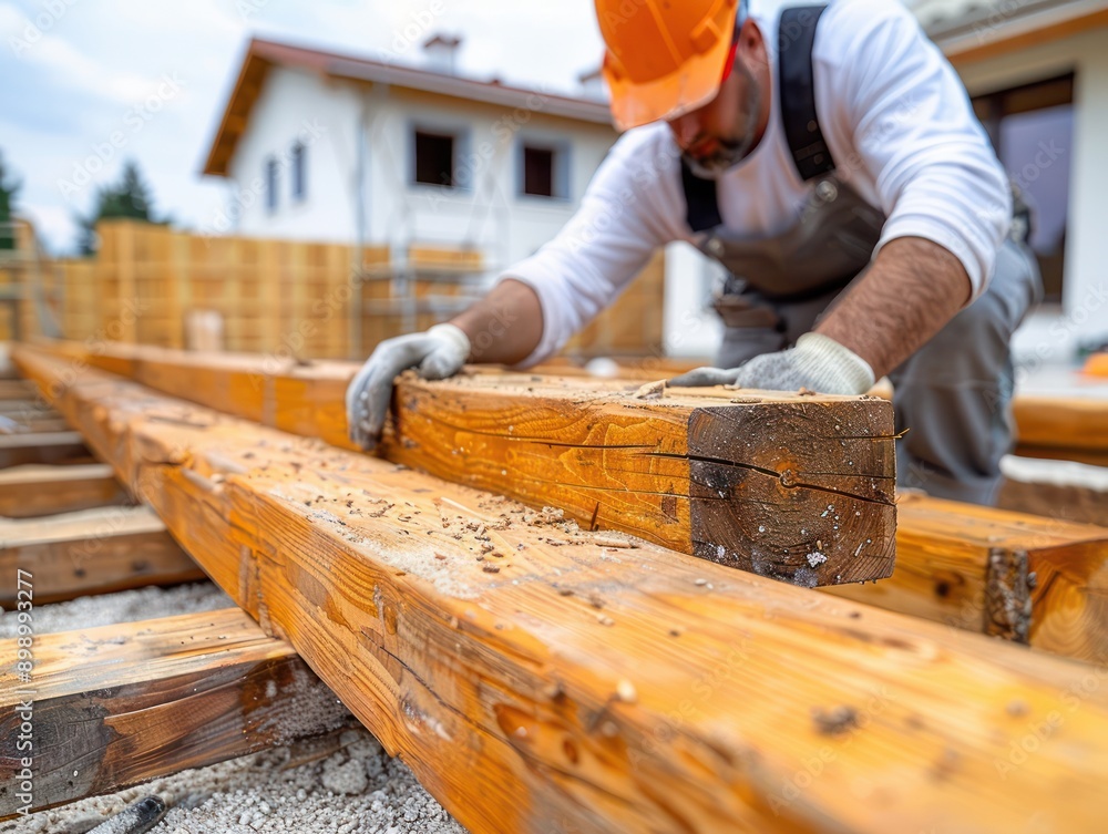 Construction Worker Placing Timber Beams into Detailed Framework ...
