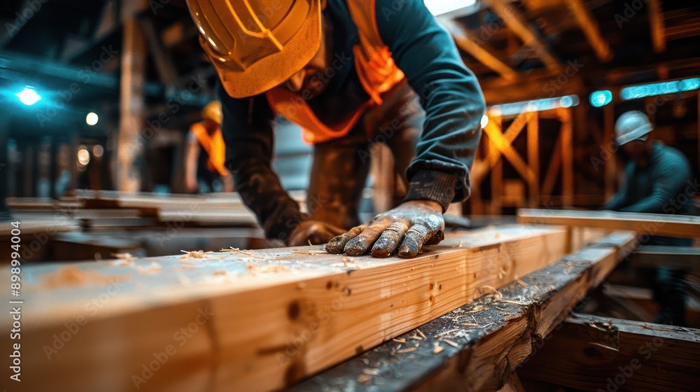 Skilled Carpenter Securing Timber Beams in Busy Construction Site ...
