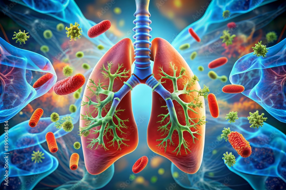 Colorful 3D illustration of a lung with red inflammation and swollen ...