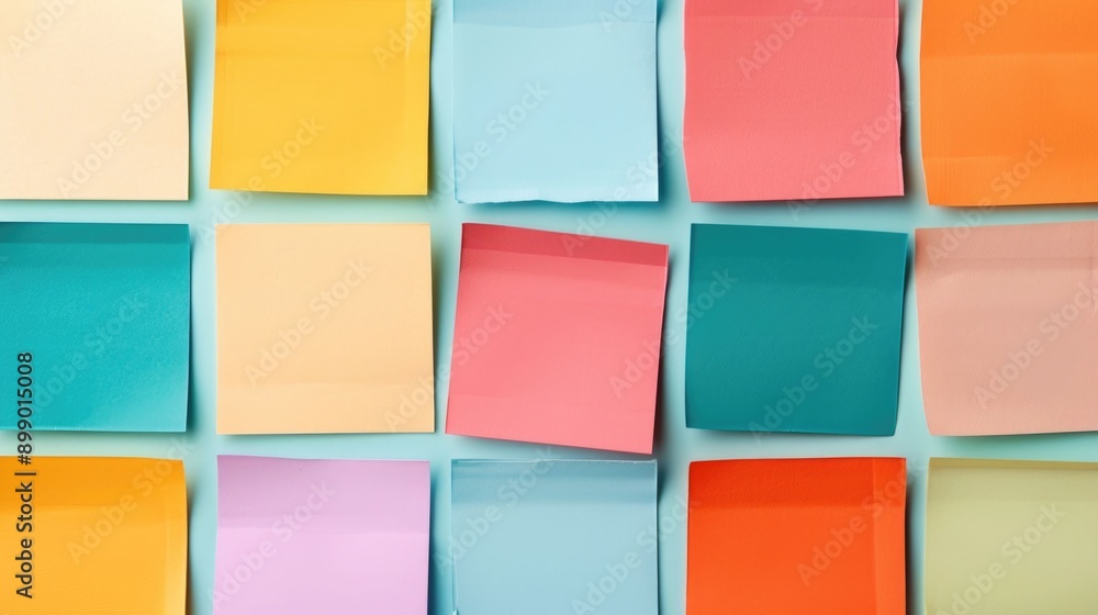 Vibrant flat lay arrangement of various shaped and colored sticky notes ...