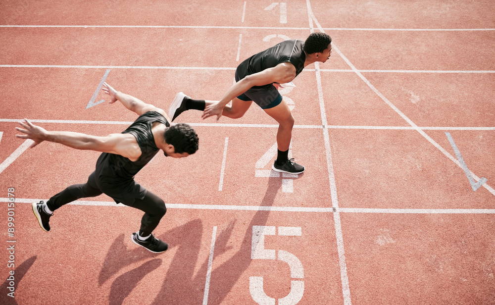 Race, challenge and men at finish line for speed, marathon event and ...