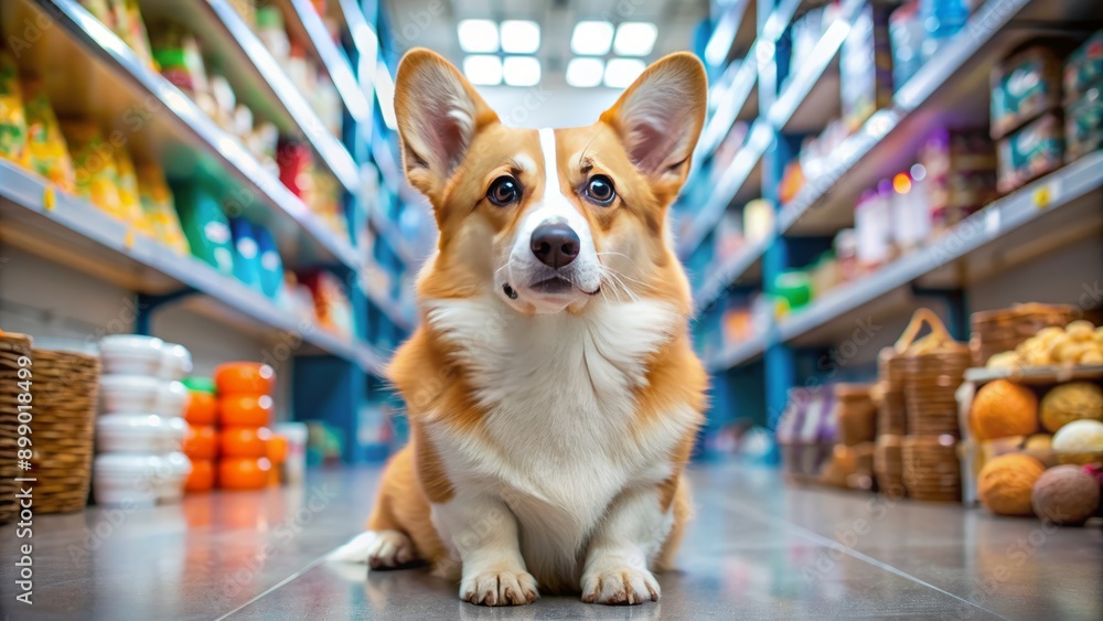 Adorable red corgi with white spots and piercing blue eyes sits on pet ...