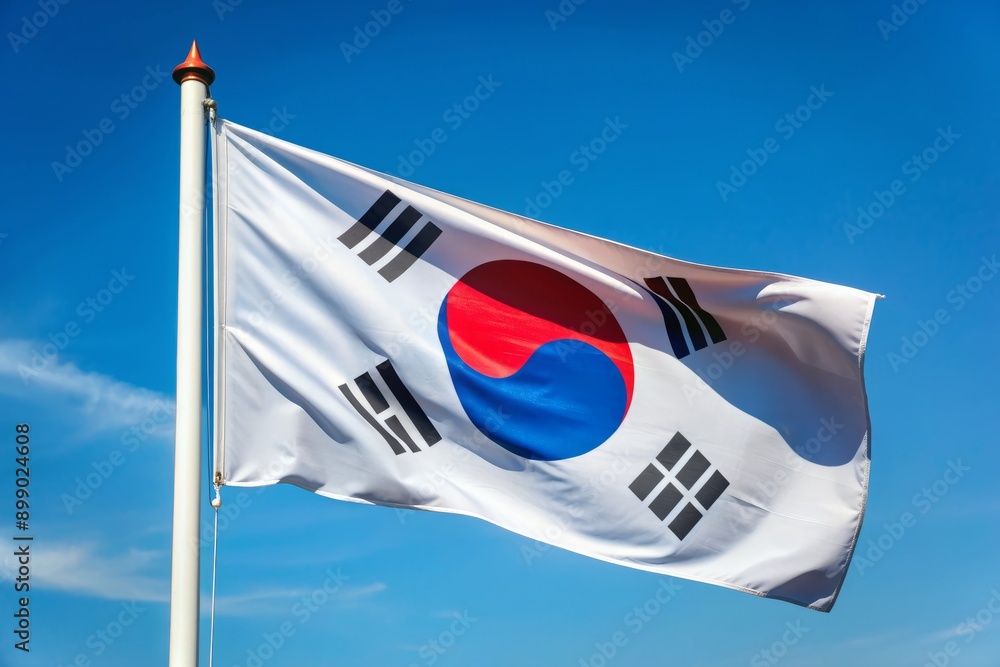 Vibrant South Korea flag waving gently in the wind against a clear blue ...