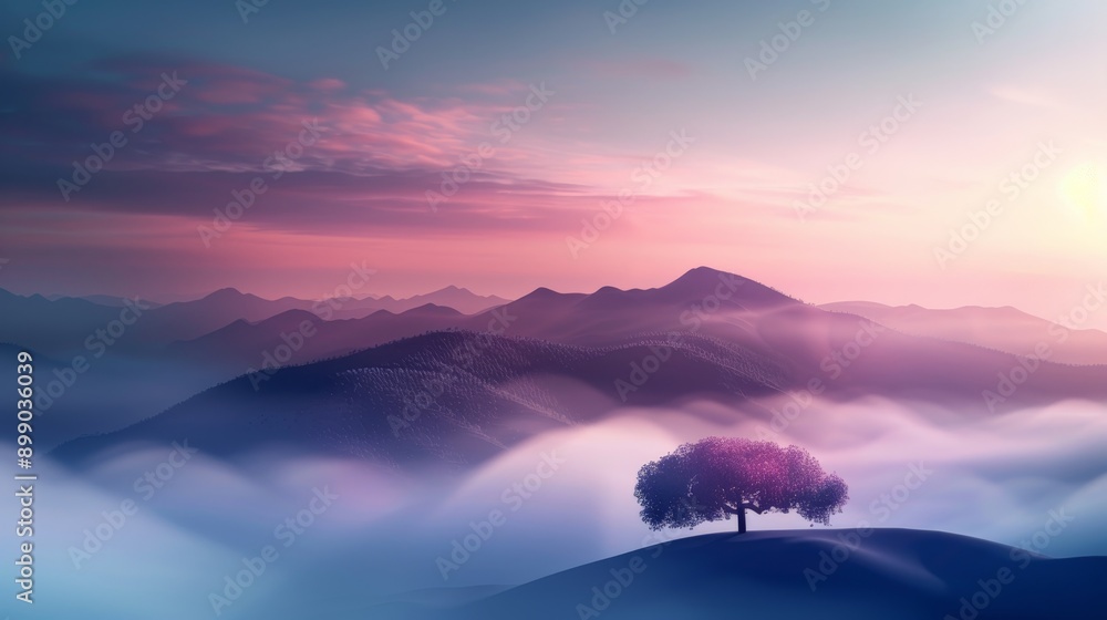 Enchanted scene of mist-covered hills, ancient trees shrouded in ...