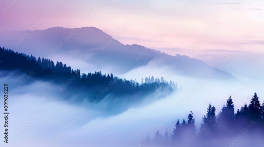 Enchanted scene of mist-covered hills, ancient trees shrouded in ...