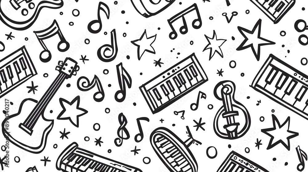 Black and White Cartoon Music Pattern with Instruments and Notes ...
