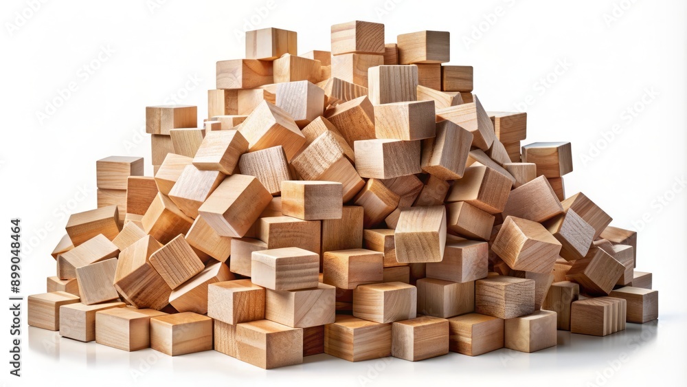 Piled wooden blocks in disarray, awaiting assembly, isolated on a ...