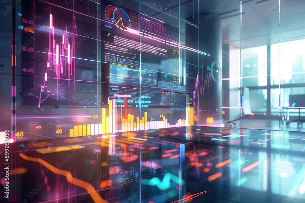 holographic financial dashboard floating in a futuristic office vibrant 3d graphs and charts ...