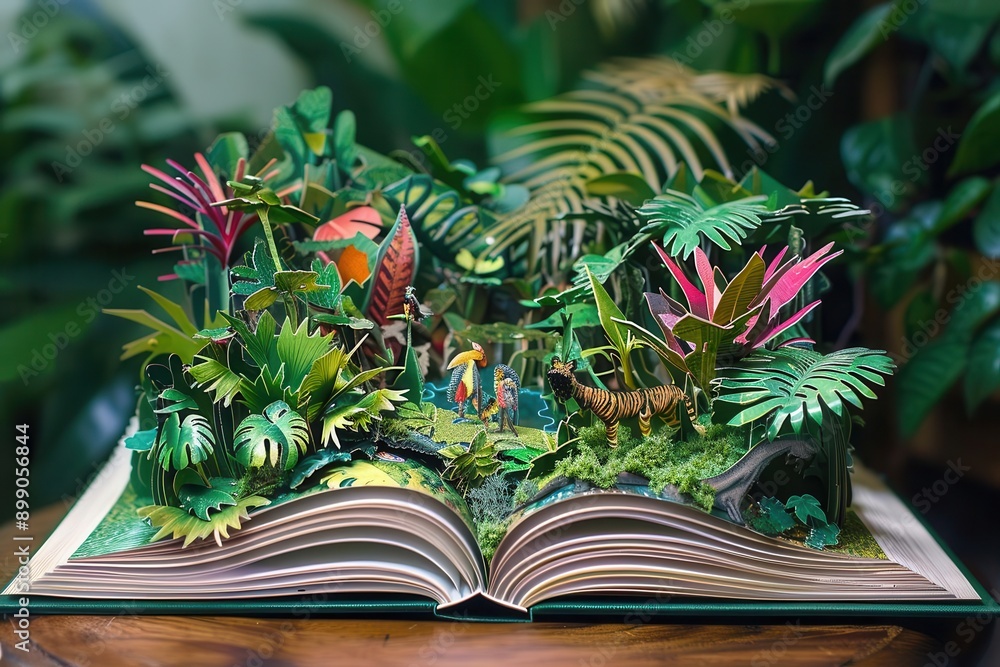 magical popup book scene with a lush jungle bursting forth from open ...