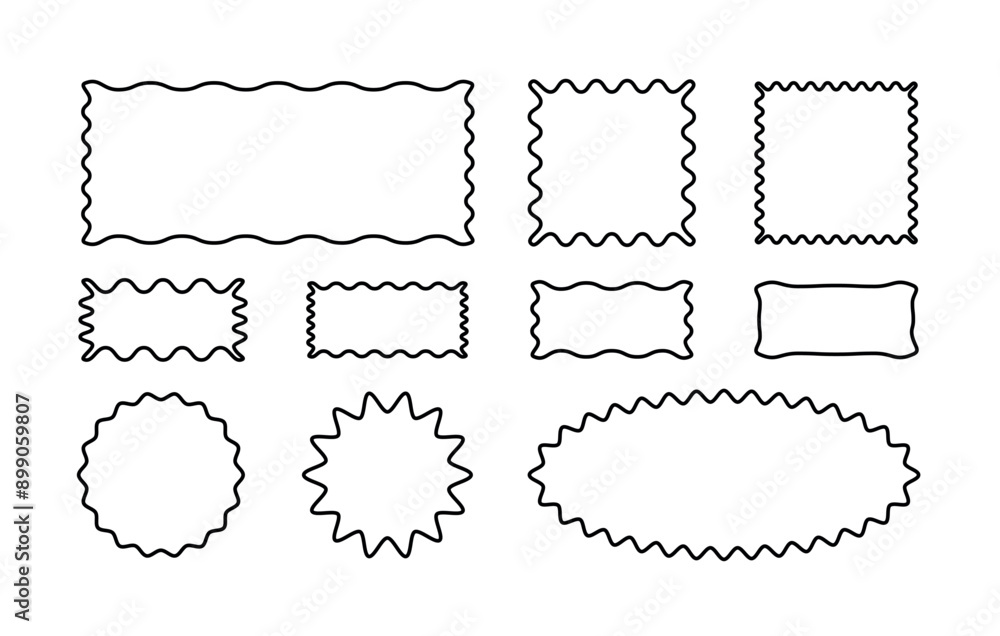 Set of circular and square frames with wavy and zigzag edges. Rectangular and round shapes with ...