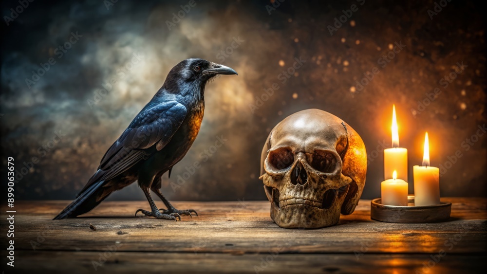 Ominous crow perches beside a human skull on a worn wooden table amidst ...