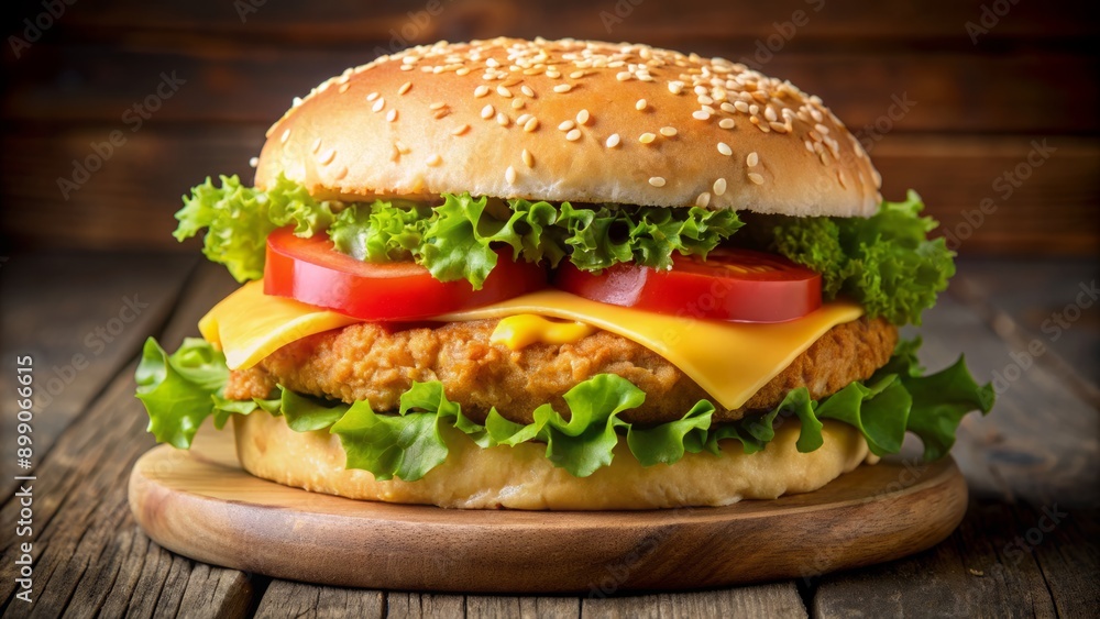 Savory golden-brown crispy chicken patty sits atop toasted sesame seed ...