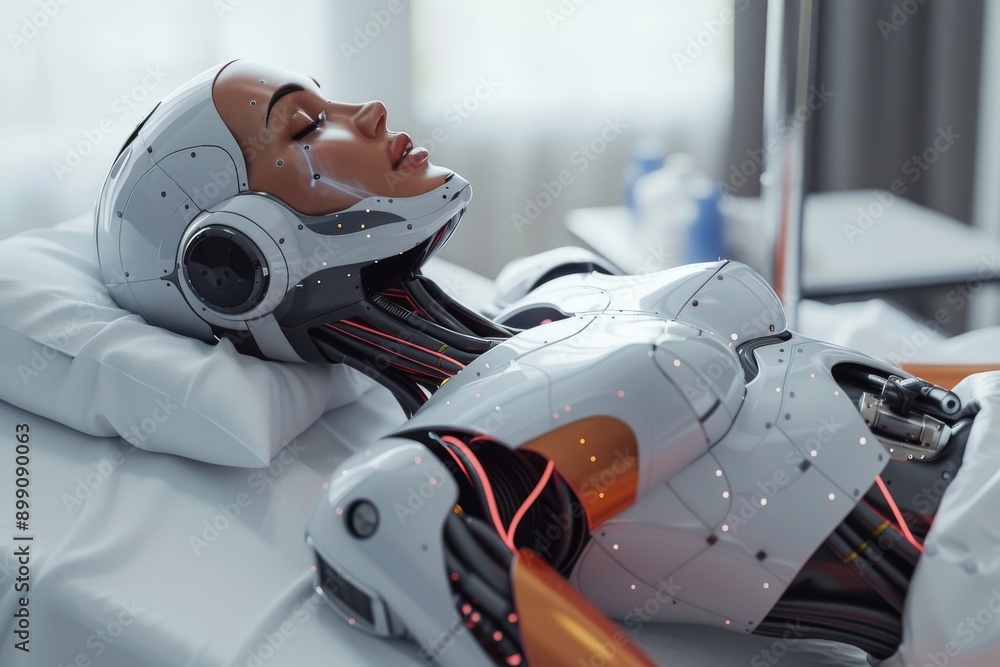 Medical robot lying in a high tech hospital bed perfect for advanced ...