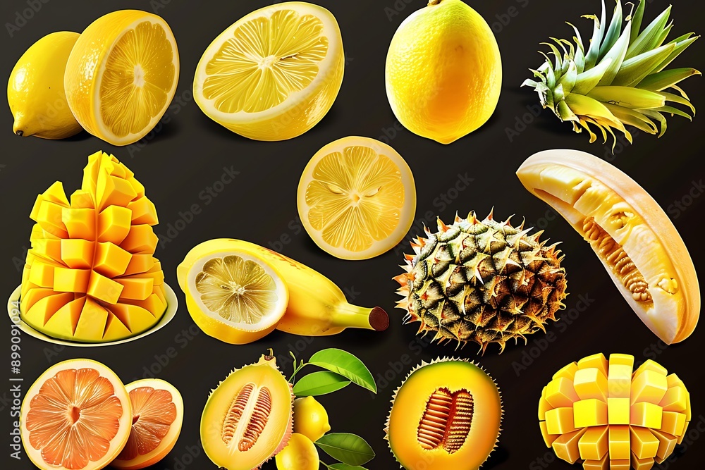 imagine A vibrant collection of sliced and whole orange-yellow fruits ...