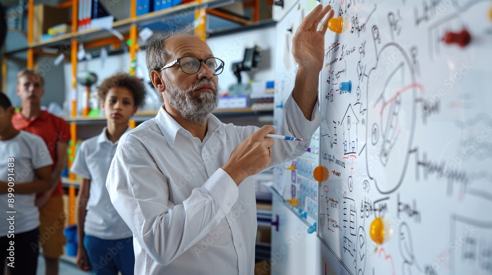 2. A senior engineer standing in front of a whiteboard covered in ...