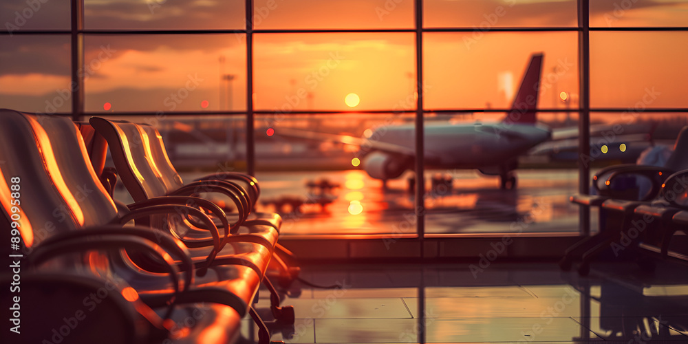 Description A photo of an airplane at the airport The sun is setting ...