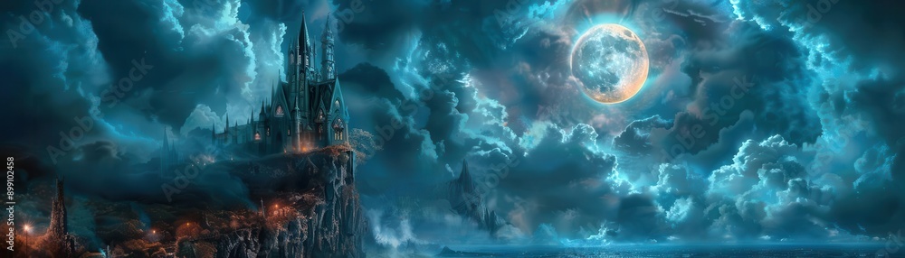 Exterior of a gothic castle on a cliff, full moon, bats flying, dark stormy clouds, eerie ...