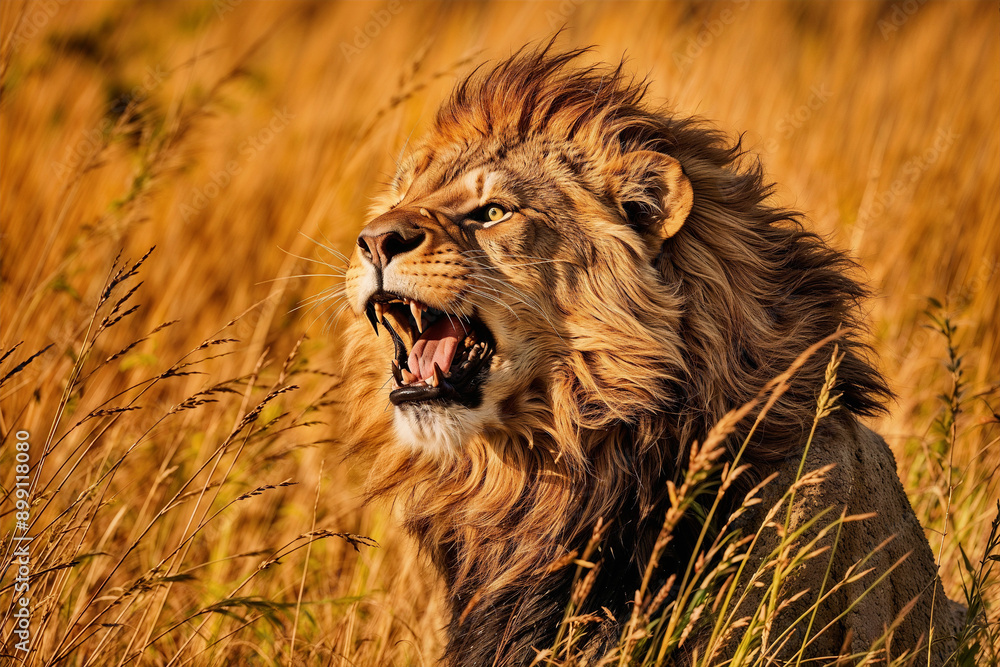 A Roaring Lion Stands in a Field of Golden Hay, Its Mouth Open Wide ...