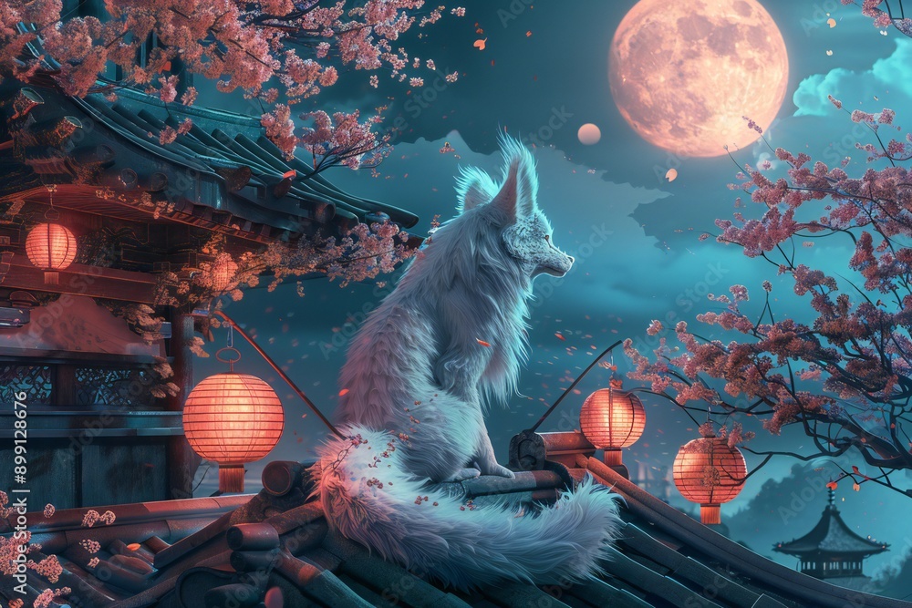Kitsune with nine tails and a mystical aura sitting on a temple roof ...