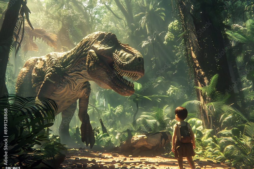 Dinosaur adventure with a young explorer discovering prehistoric lands ...