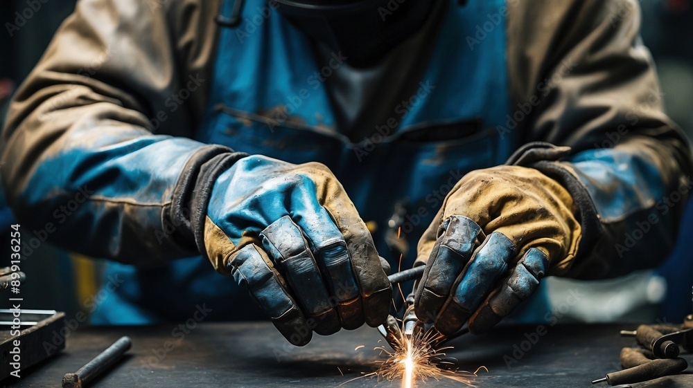 The close-up shows a welder in the middle of welding at his workstation ...