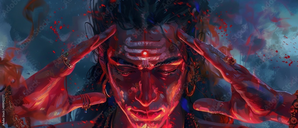 illustration of a lord mahadev opening his third eyes on a solid ...