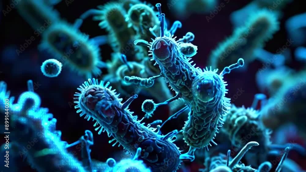 The video is a close-up of many bacteria, with a blue and green color ...