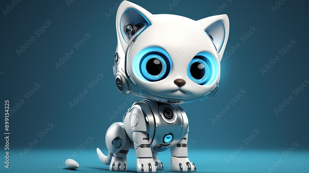 Cute robotic cat isolated on large empty background. White happy little ...