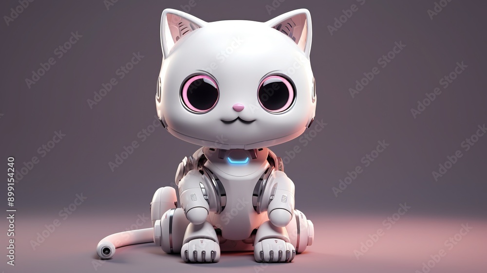 Cute robotic cat isolated on large empty background. White happy little ...