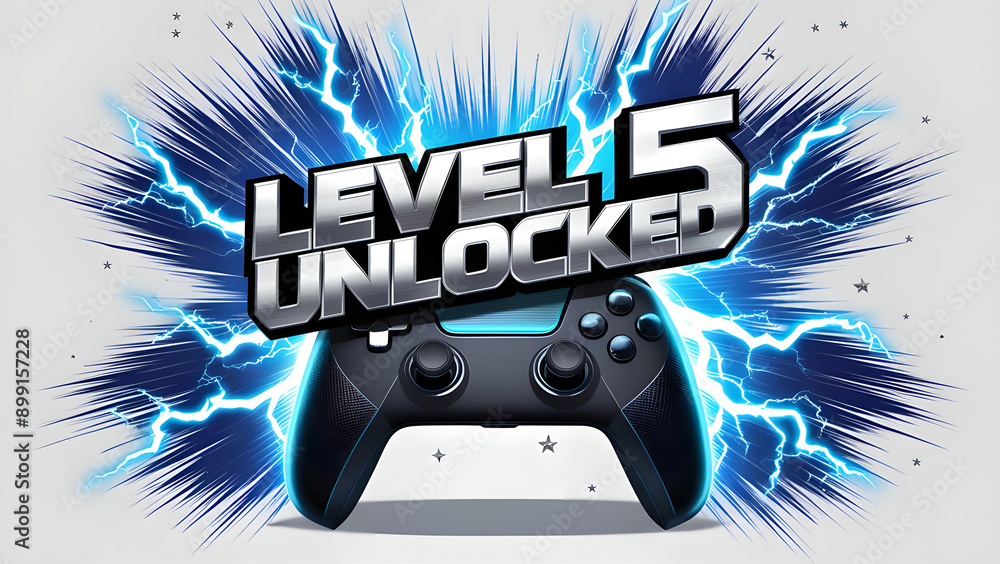 LEVEL 5 UNLOCKED in bold metallic letters, Dynamic gaming illustration ...